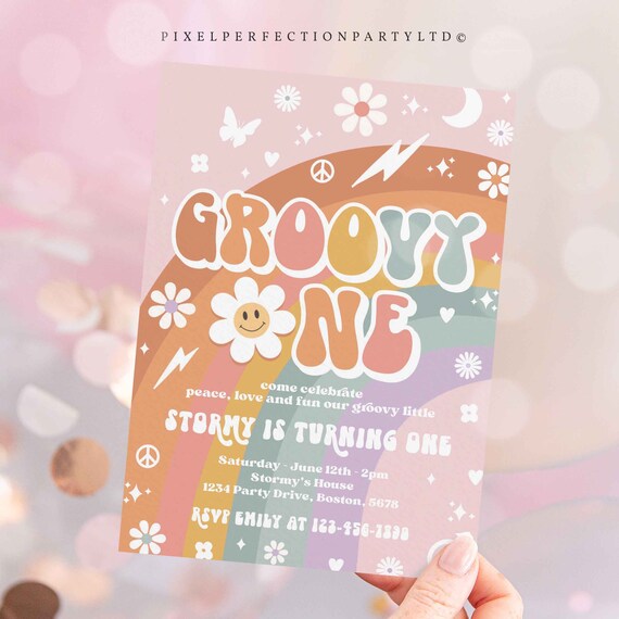 Editable Groovy One Birthday Party Invitation Orange Pink Yellow Groovy ...