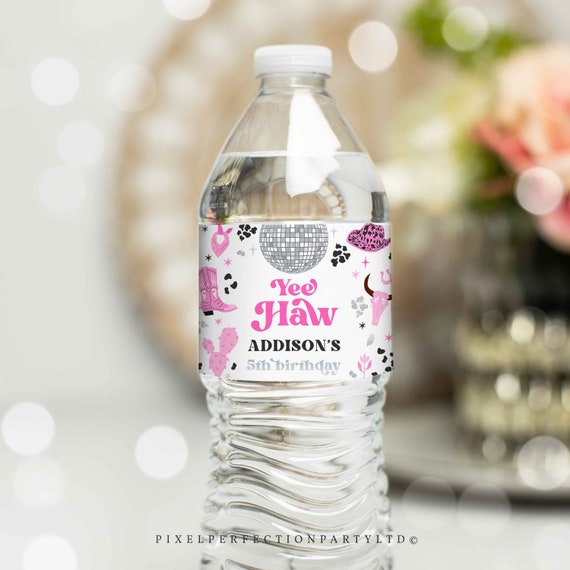Editable Space Cowgirl Birthday Party Water Bottle Labels Pink Disco ...