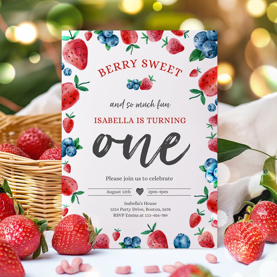 Editable Strawberry & Blueberry 1st Birthday Invitation Berry Sweet ...