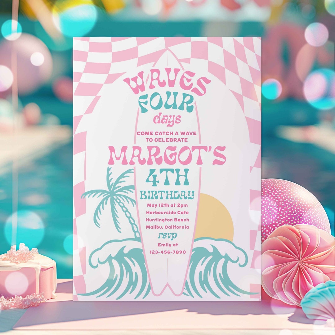 Editable Surf 4th Birthday Party Invitation Waves Four Days Surfing ...