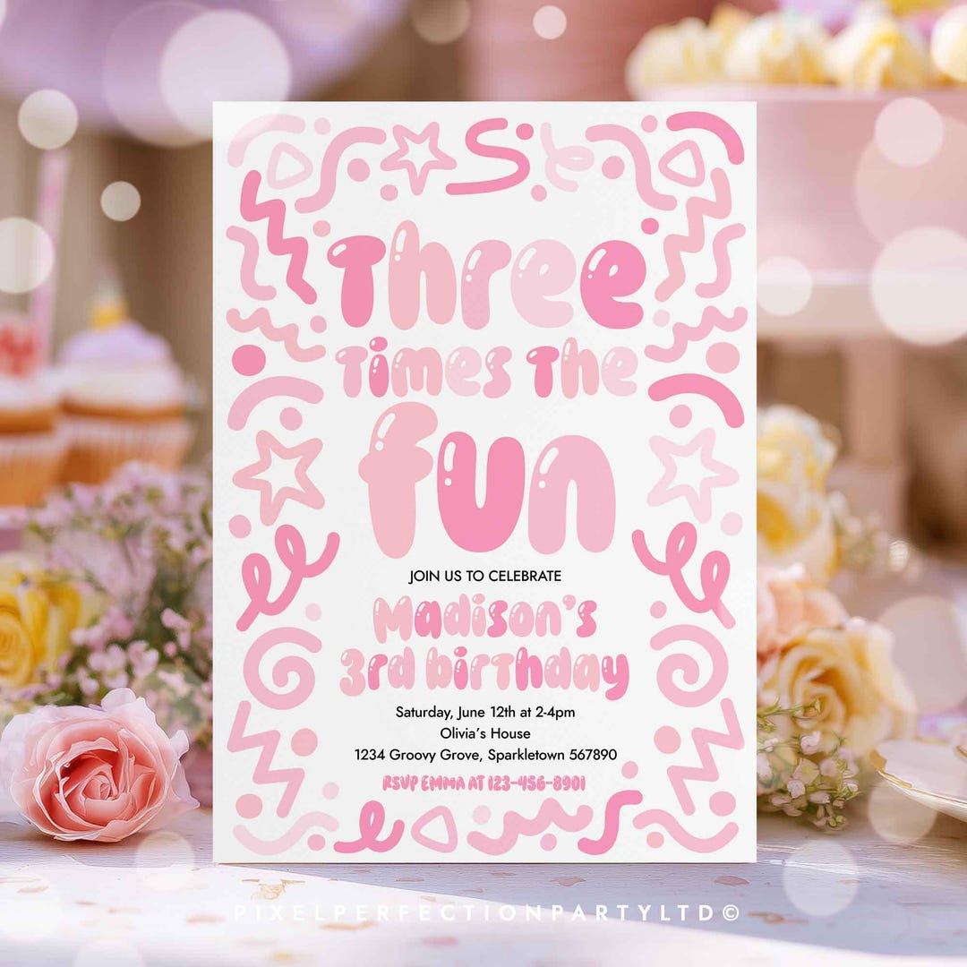 Editable Three Times the Fun 3rd Birthday Party Invitation Colorful ...