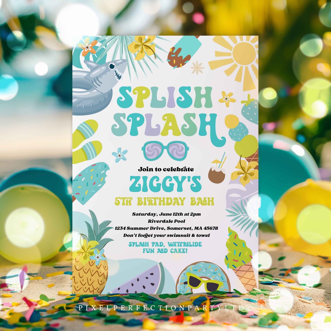 Editable Shark Splash Pad Birthday Party Invitation Shark Pool Float Pool Tropical Splish Splash ...