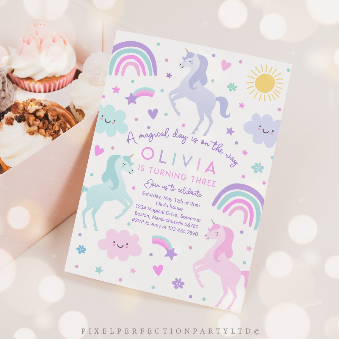 Editable Unicorn Birthday Invitation Magical Pastel Rainbow Unicorn ...