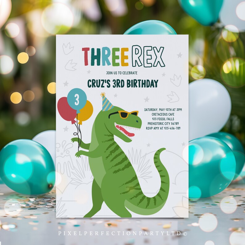Editable Three Rex Dinosaur Birthday Party Invitation Boy T-rex ...
