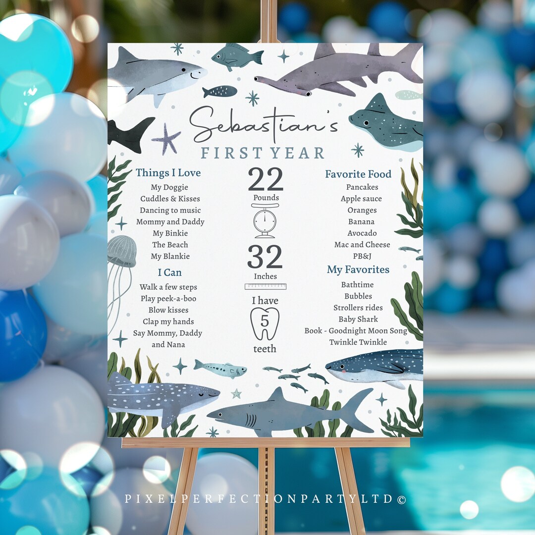 Editable Shark 1st Birthday Milestone Poster Shark Oneder the Sea Under ...