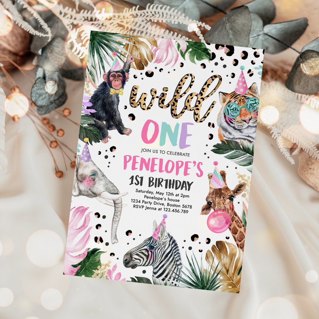 Editable Wild One Leopard Print Safari Animals 1st Birthday Party ...