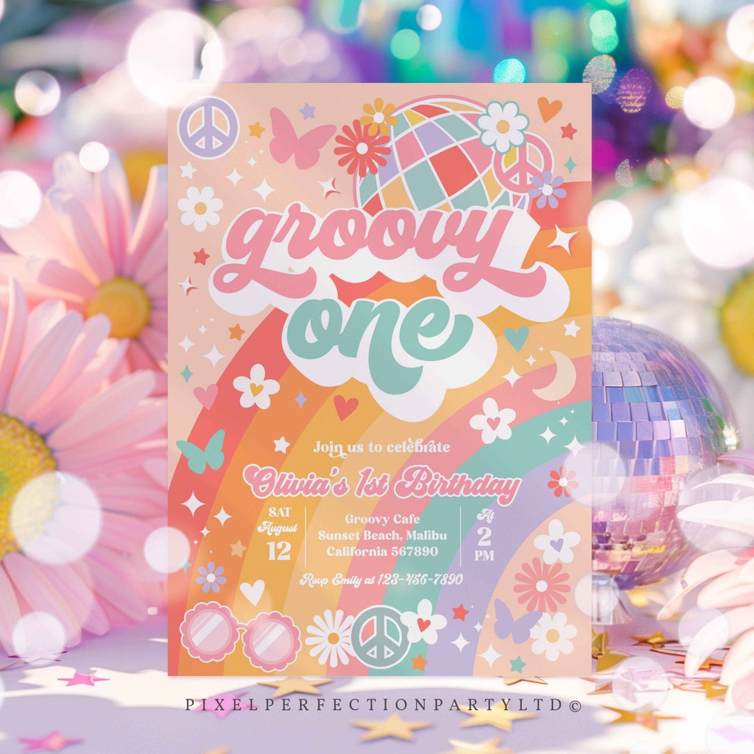 Editable Groovy One Birthday Party Invitation Peace Love Party Groovy ...
