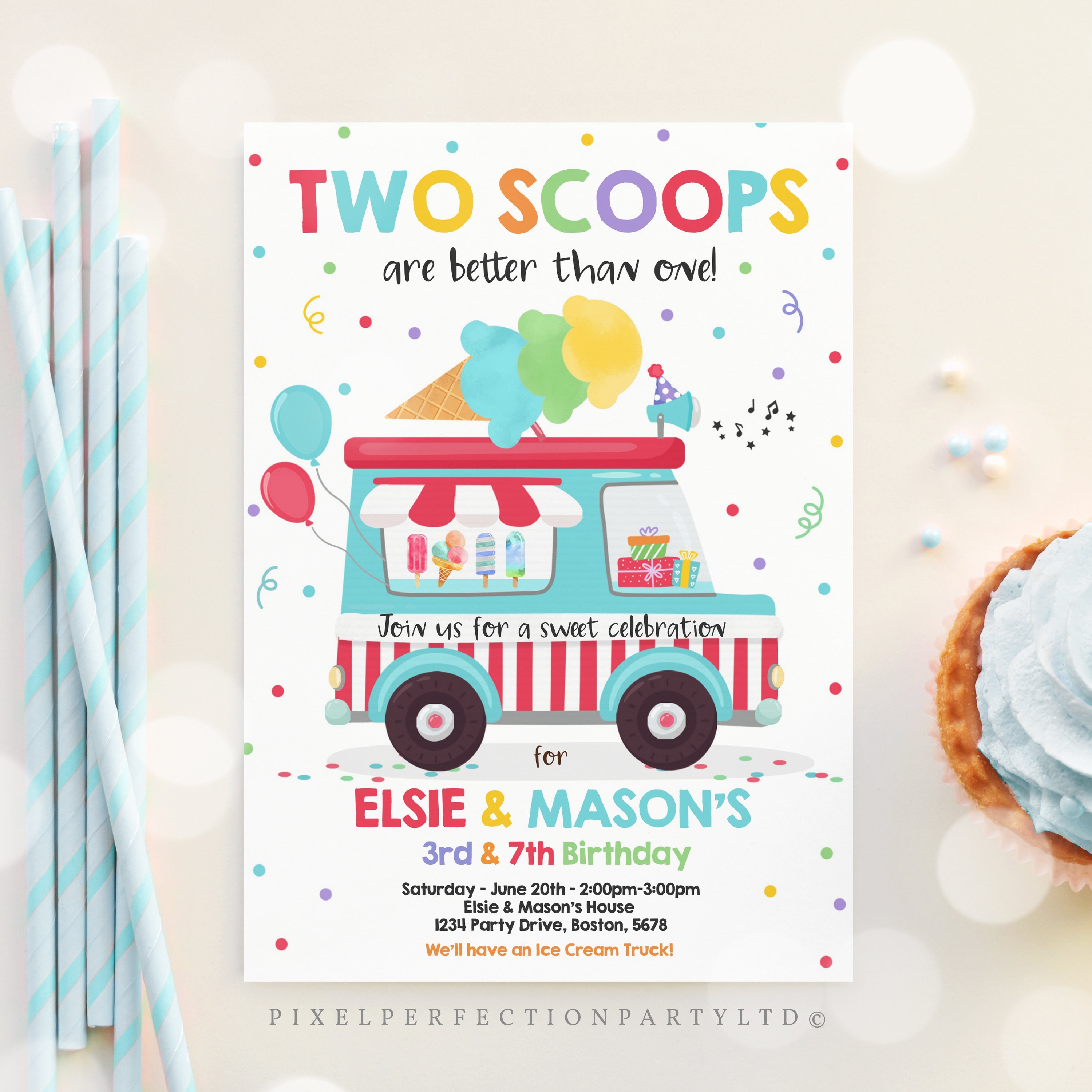 Editable Ice Cream Truck Twin Birthday Invitation Twin Ice Etsy Australia