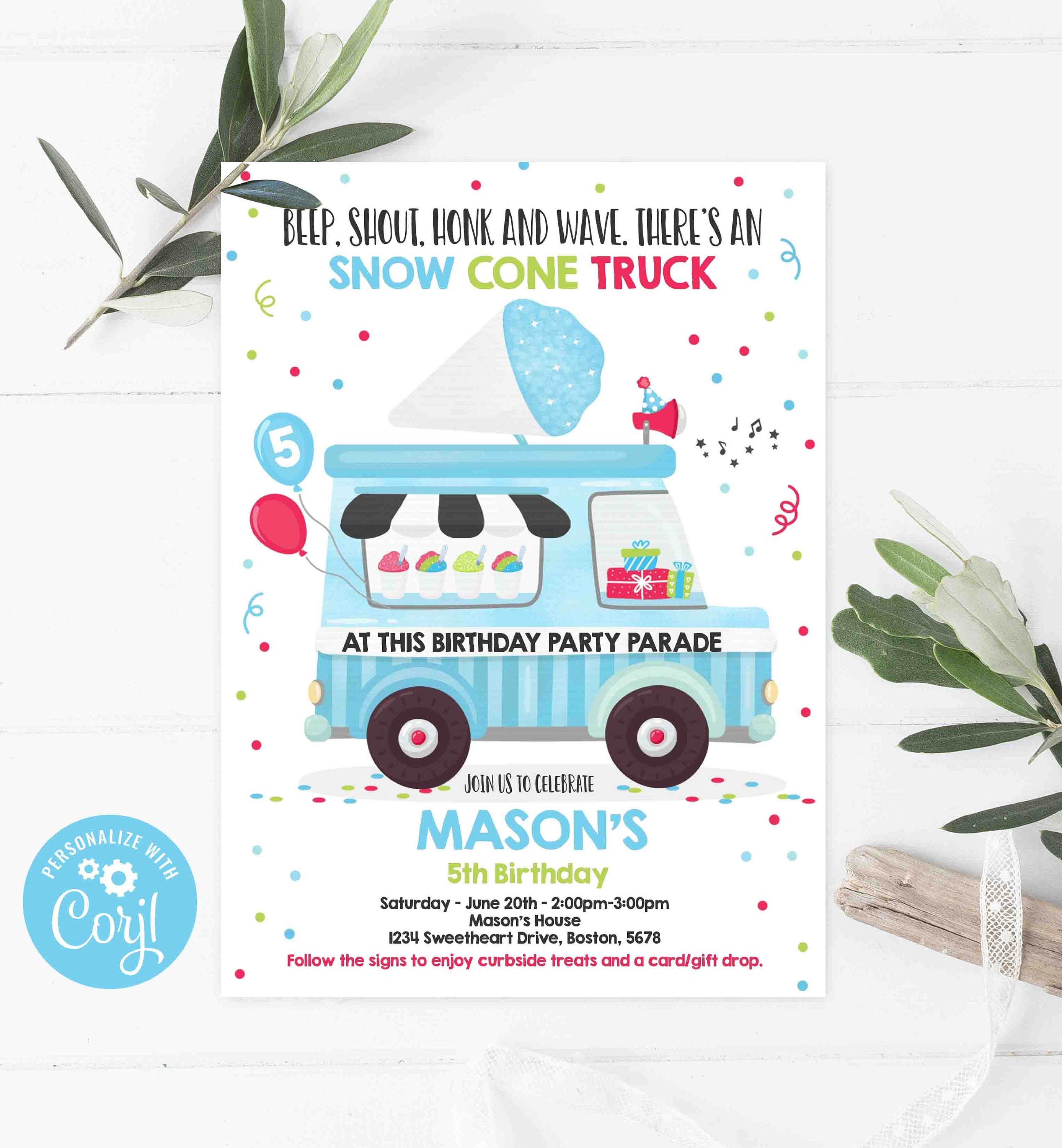 Editable Snow Cone Birthday Parade Invitation Snow Cone Snow Ball ...