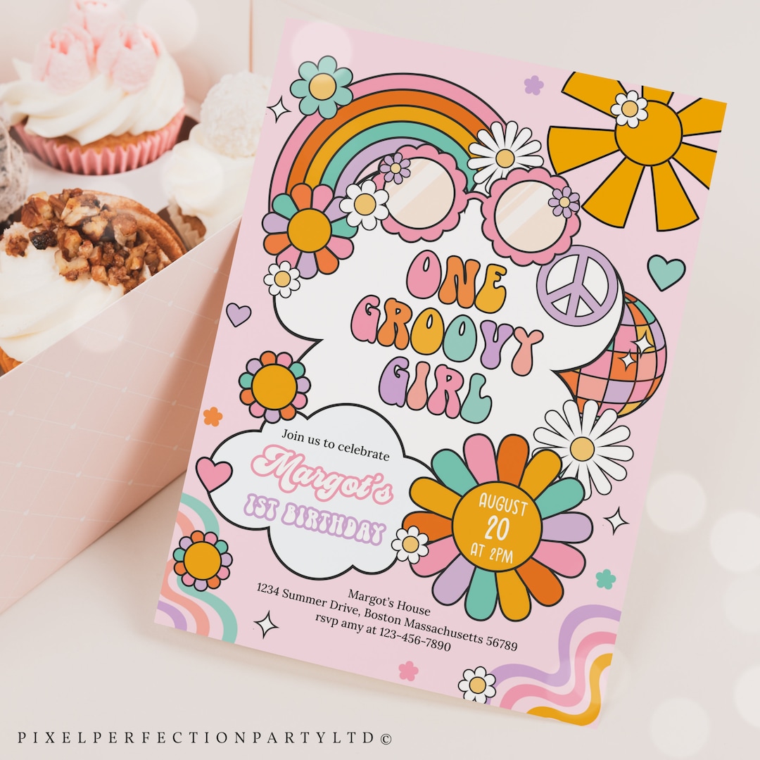 Editable One Groovy Girl Birthday Party Invitation Groovy One 1st ...