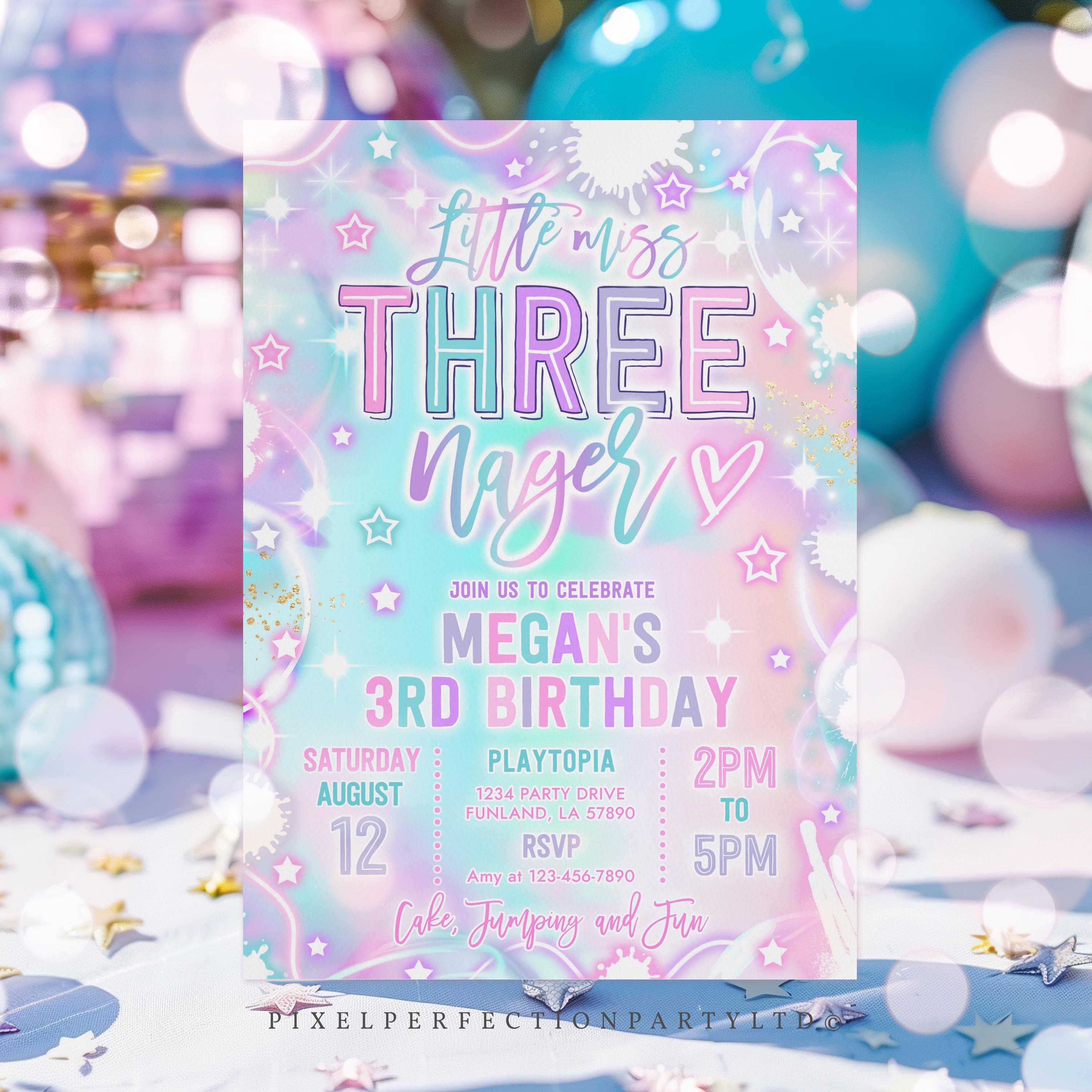 Editable Little Miss Three-nager 3rd Birthday Party Invitation Neon ...
