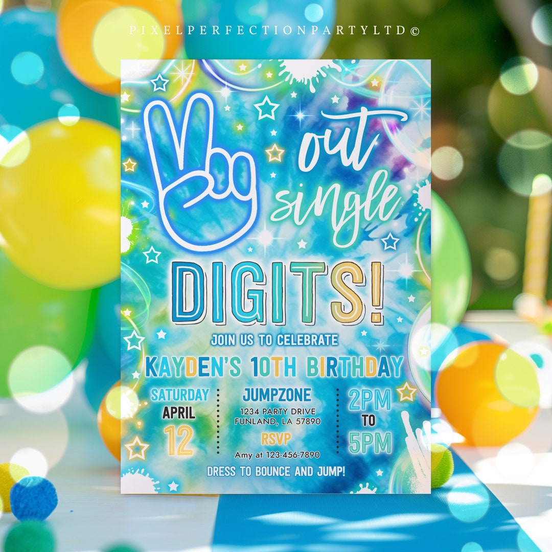 Editable Peace Out Single Digits Birthday Party Invitation Neon Glow ...