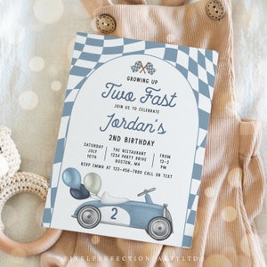 Editable Growing up Two Fast Birthday Invitation Vintage Race Car Two ...