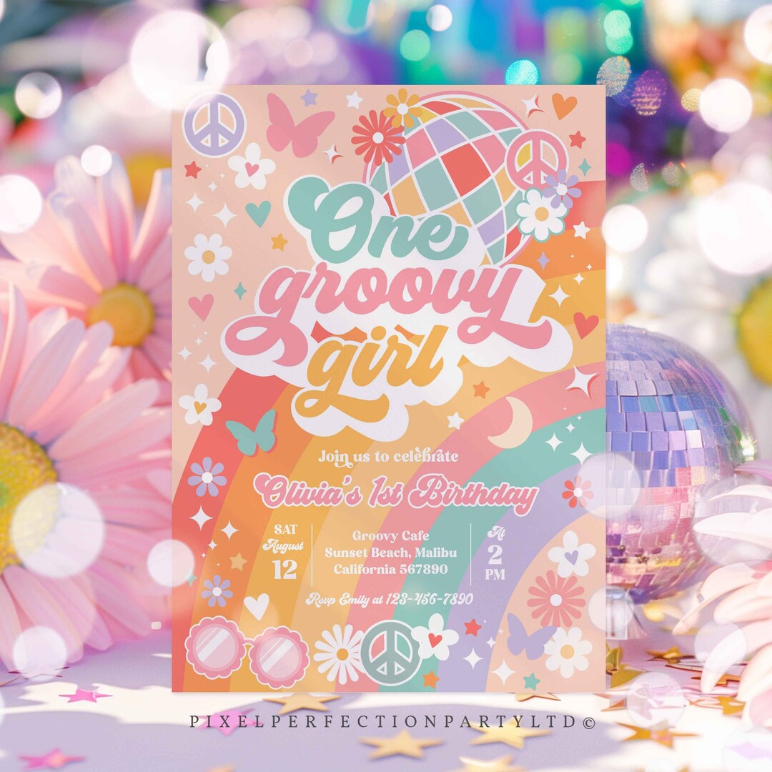 Editable One Groovy Girl Birthday Party Invitation Orange Pink Yellow ...
