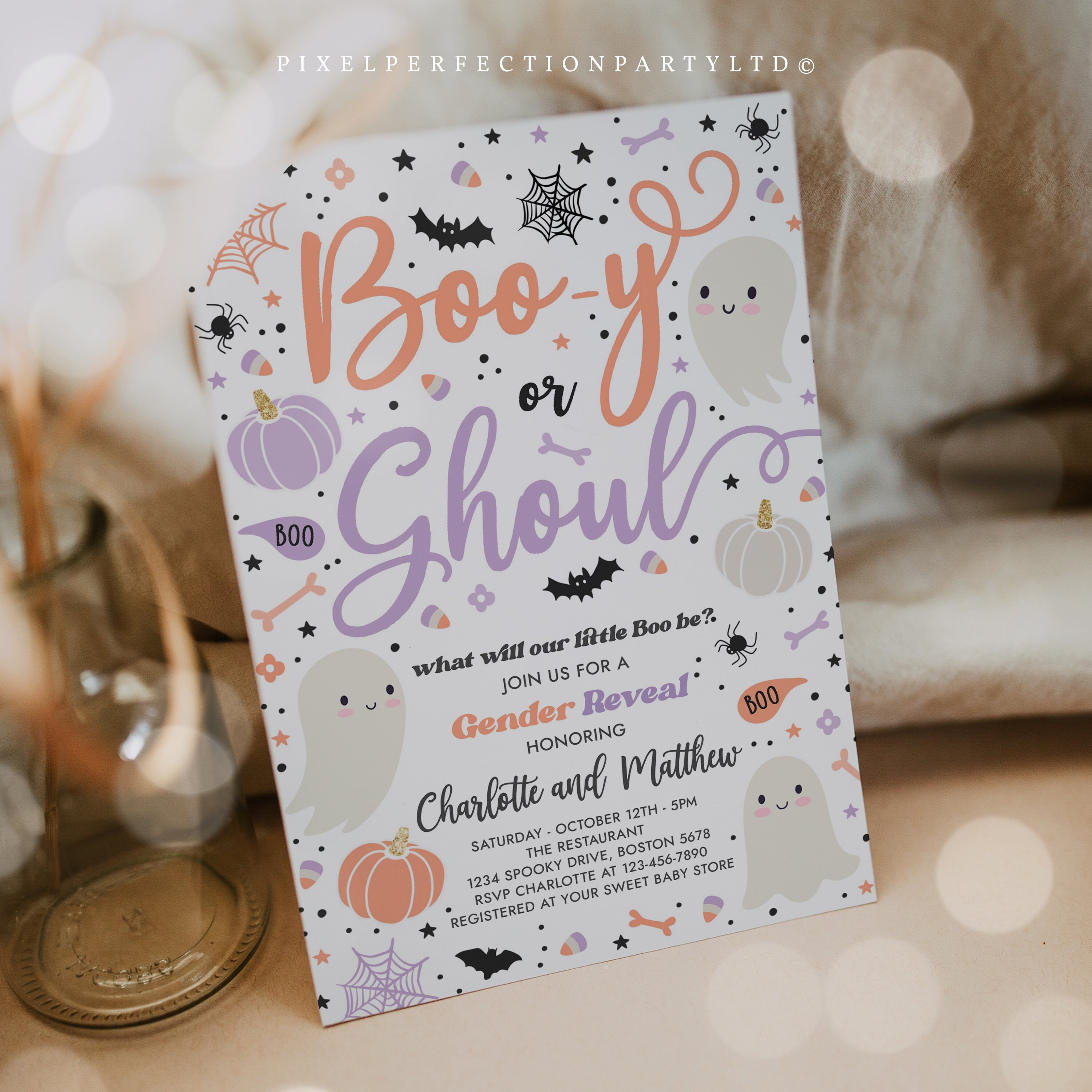 Editable Halloween Gender Reveal Invitation Little Boo Ghost Gender ...