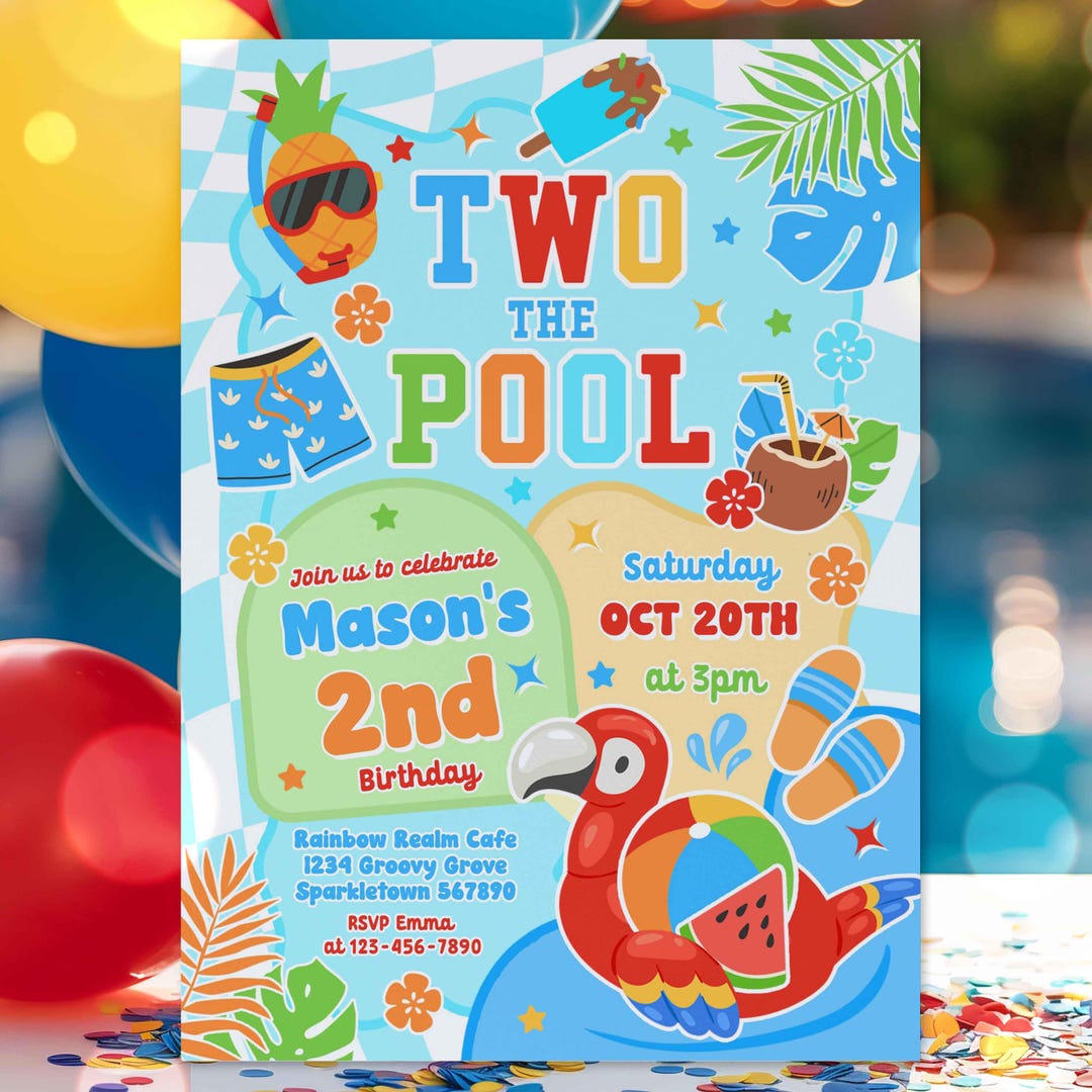 Editable Two the Pool 2nd Birthday Pool Party Invitation Tropical ...