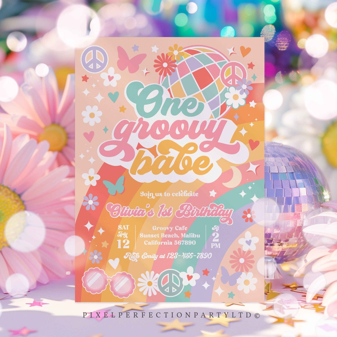 Editable One Groovy Babe Birthday Party Invitation Groovy One Birthday ...
