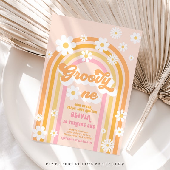 Editable Groovy One Birthday Party Invitation Peace Love Party | Etsy