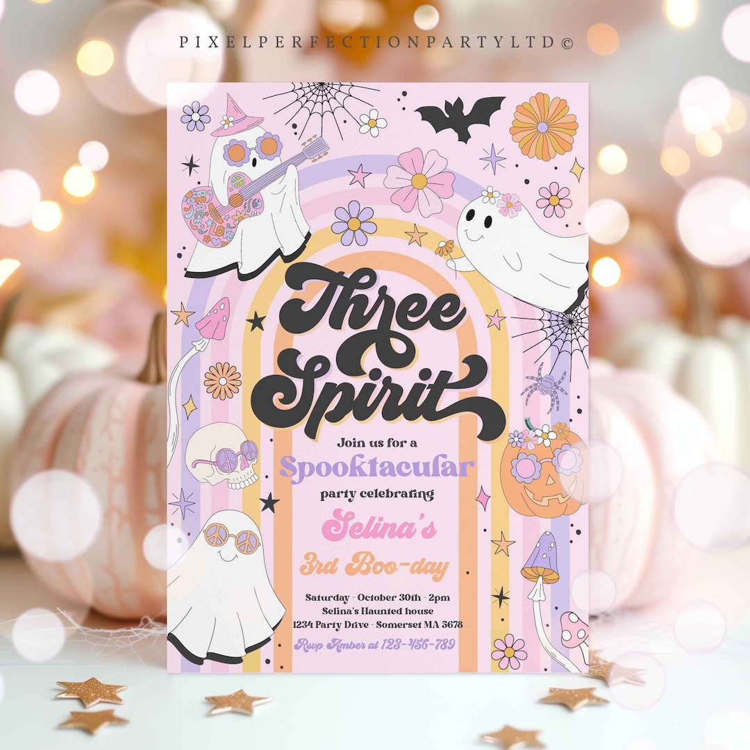 Editable Three Spirit Halloween Ghost 3rd Birthday Invitation Retro ...