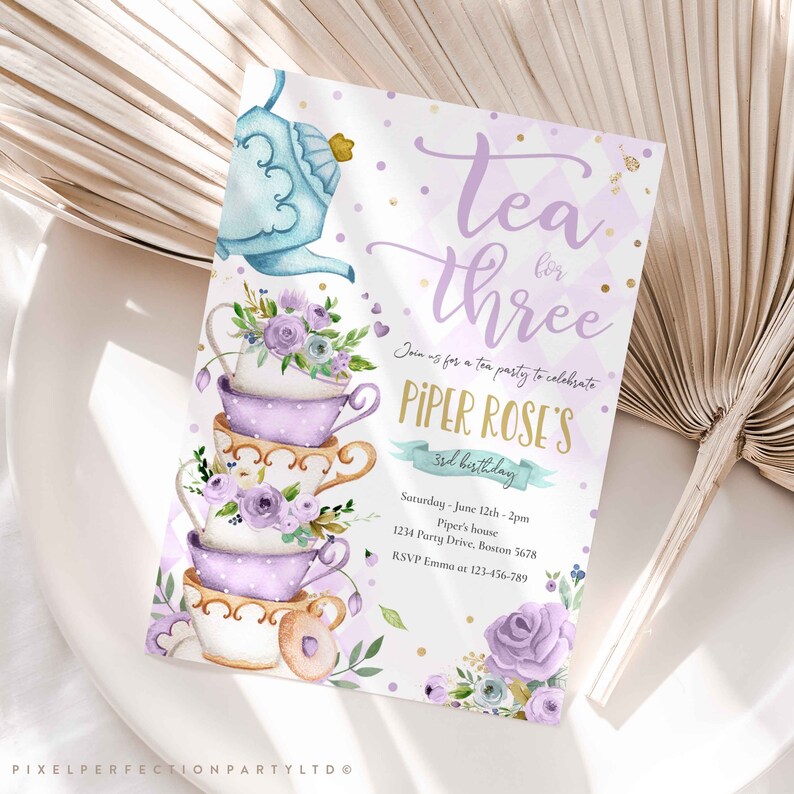 Editable Tea for Three Birthday Invitation Tea for Three 3rd Birthday ...