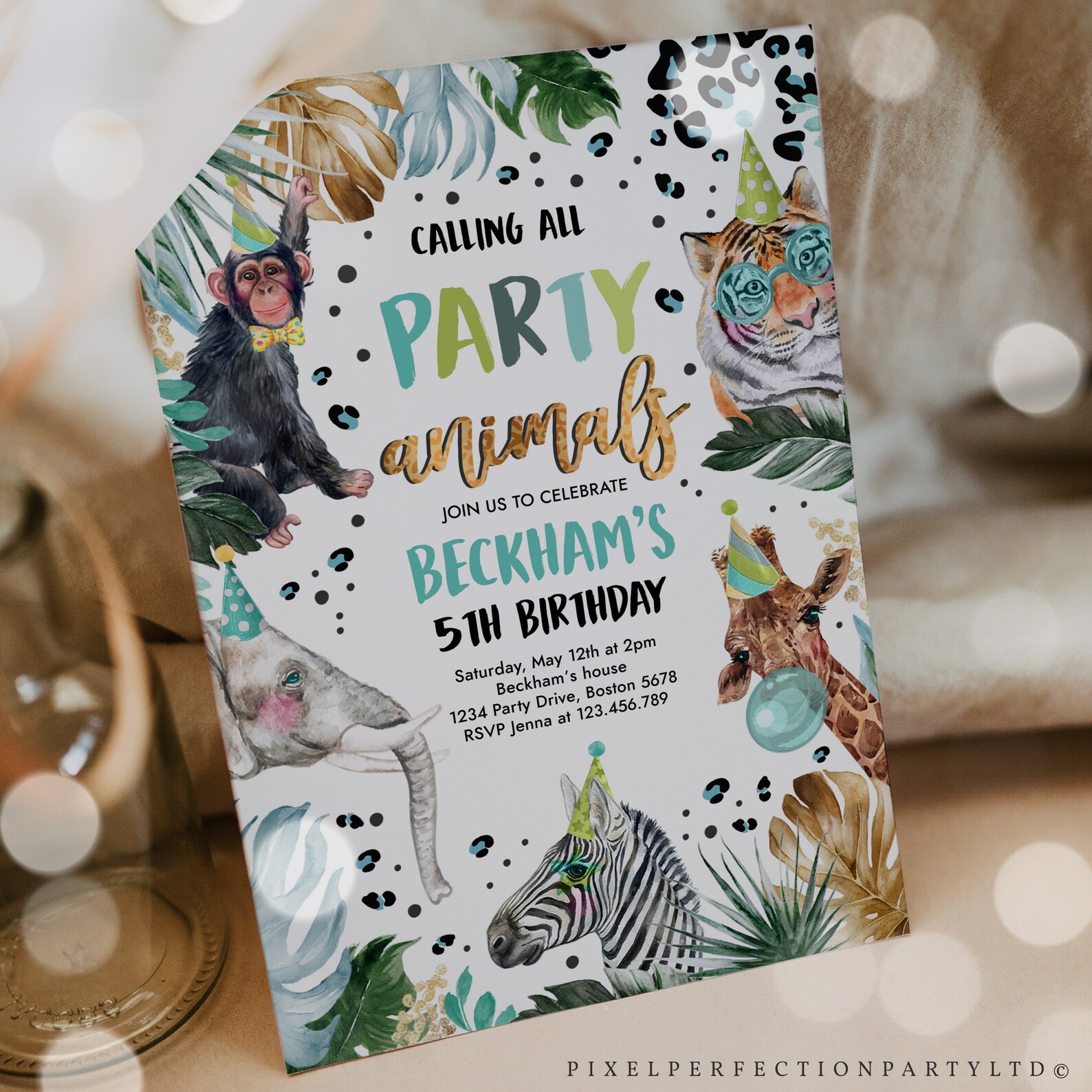 Editable Party Animals Birthday Invitation Leopard Print Safari Animals ...