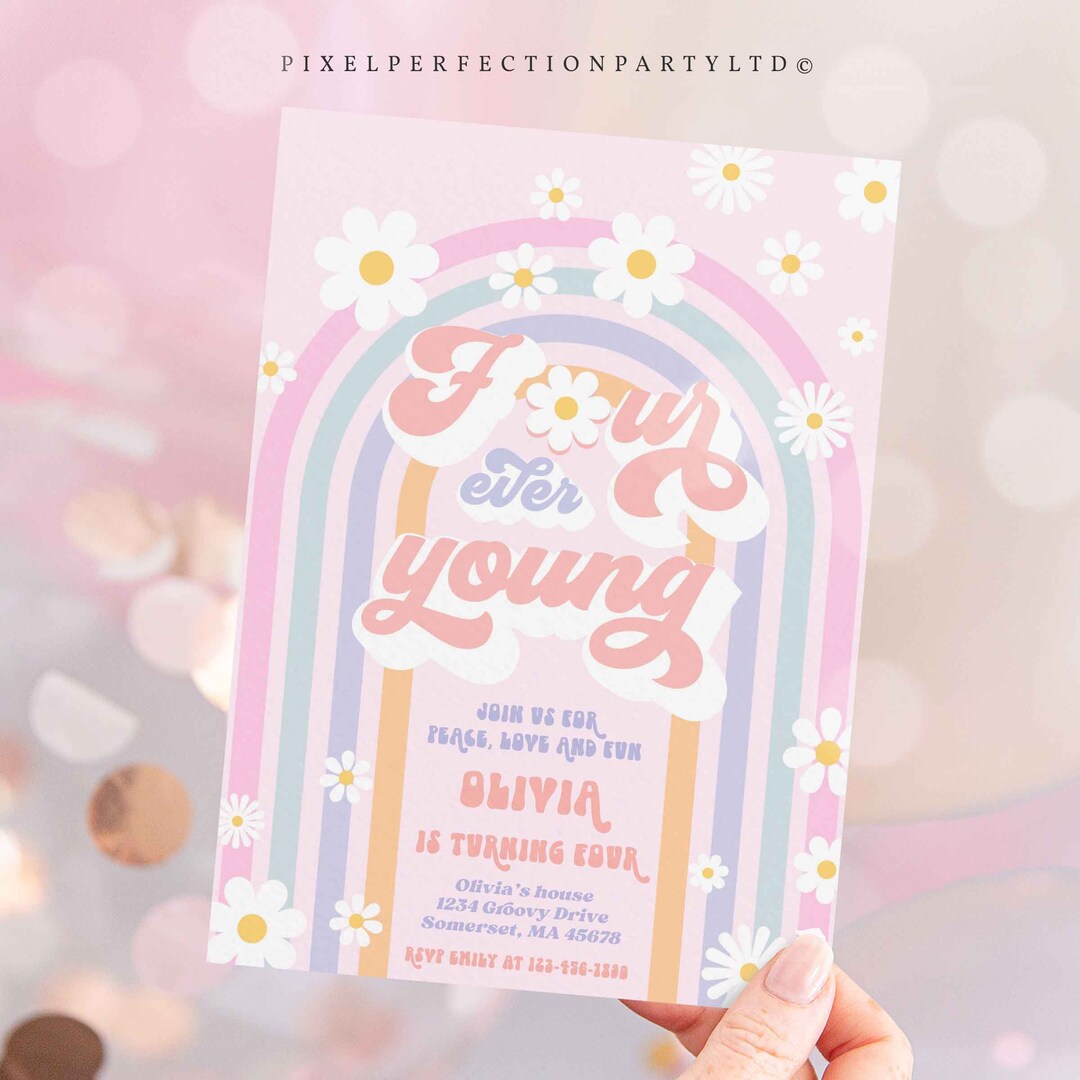 Editable Four Ever Young Groovy 4th Birthday Party Invitation Peace ...