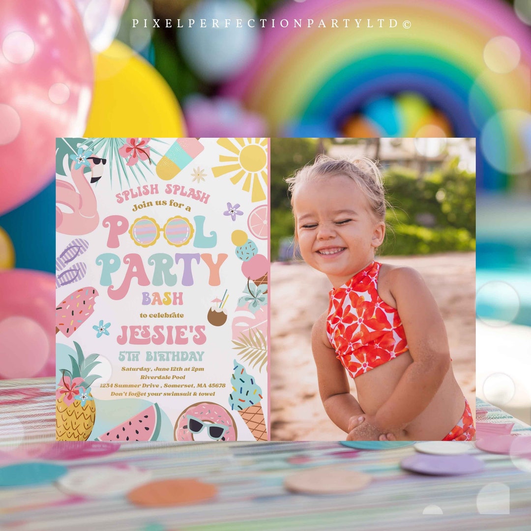 Editable Pool Party Invitation Tropical Splish Splash Girly Pool Party ...