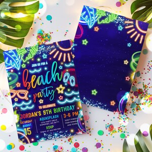 Editable Beach Birthday Party Invitation Glow Neon Tie Dye Summer ...