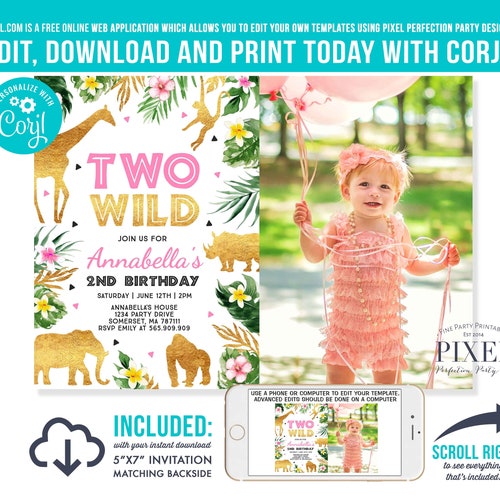 Two Wild Birthday Invitation Pink & Gold Jungle Safari Animals | Etsy