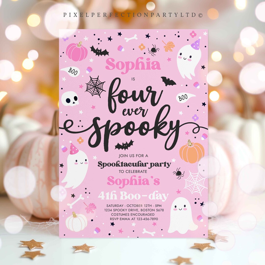 Editable Four Ever Spooky Halloween Ghost 4th Birthday Party Invitation ...