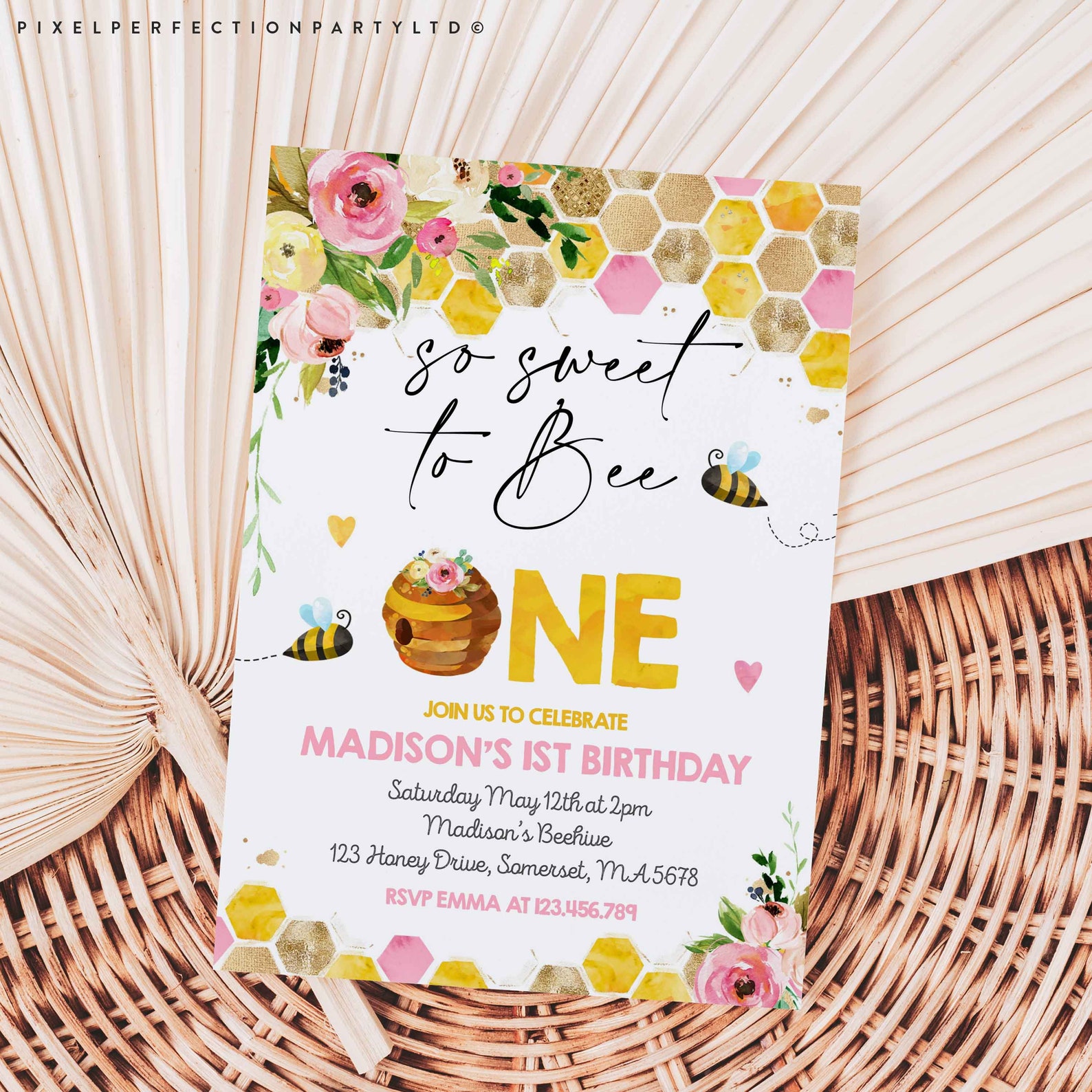 Editable Bee Birthday Invitation Honey Bee Birthday Party Pink - Etsy