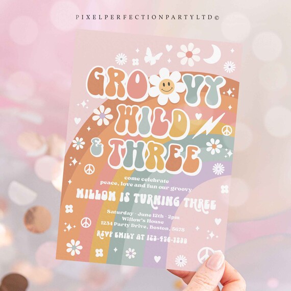 Editable Groovy Wild And Three 3rd Birthday Party Invitation Peace Love ...