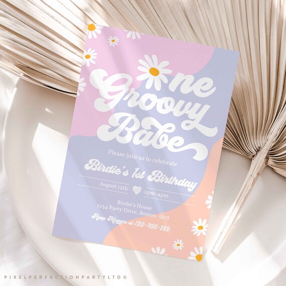 Editable One Groovy Baby 1st Birthday Party Invitation Boho Retro ...