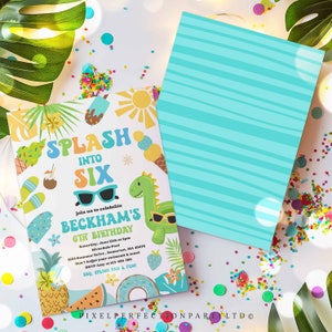 Editable Splash Into Six 6th Birthday Pool Party Invitation Tropical ...