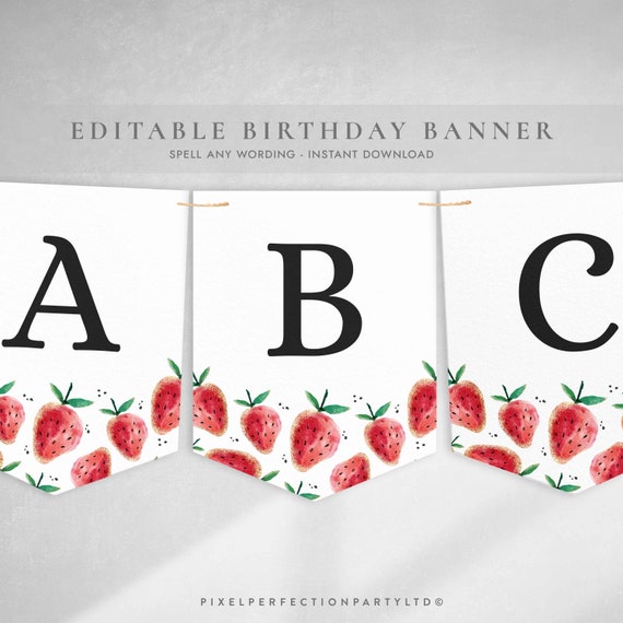 Editable Strawberry Birthday Banner Strawberry Berry First Birthday ...