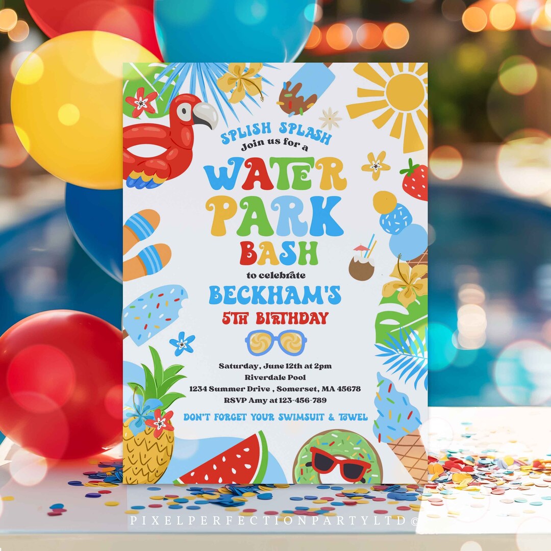 Editable Water Park Birthday Party Invitation Tropical Splish Splash ...