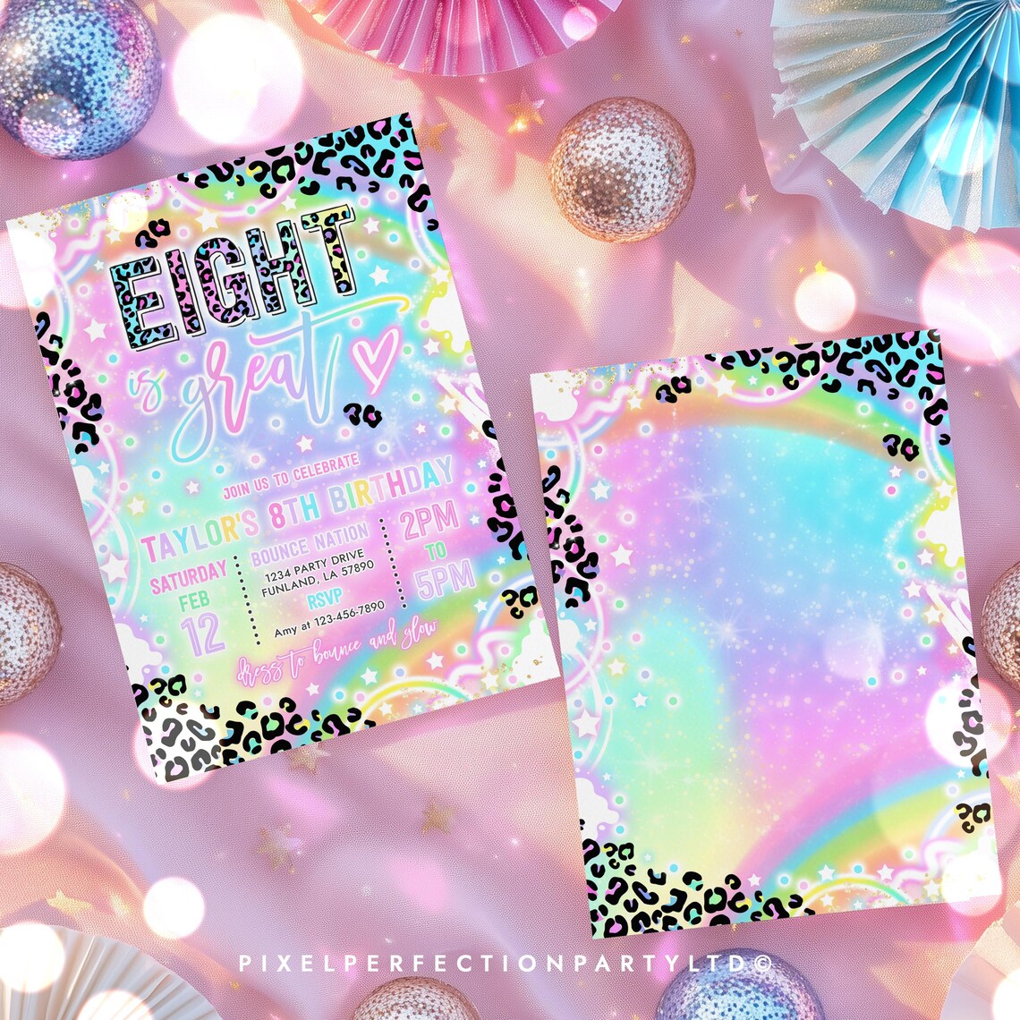 Editable Eight is Great Birthday Party Invitation Rainbow Leopard Neon ...