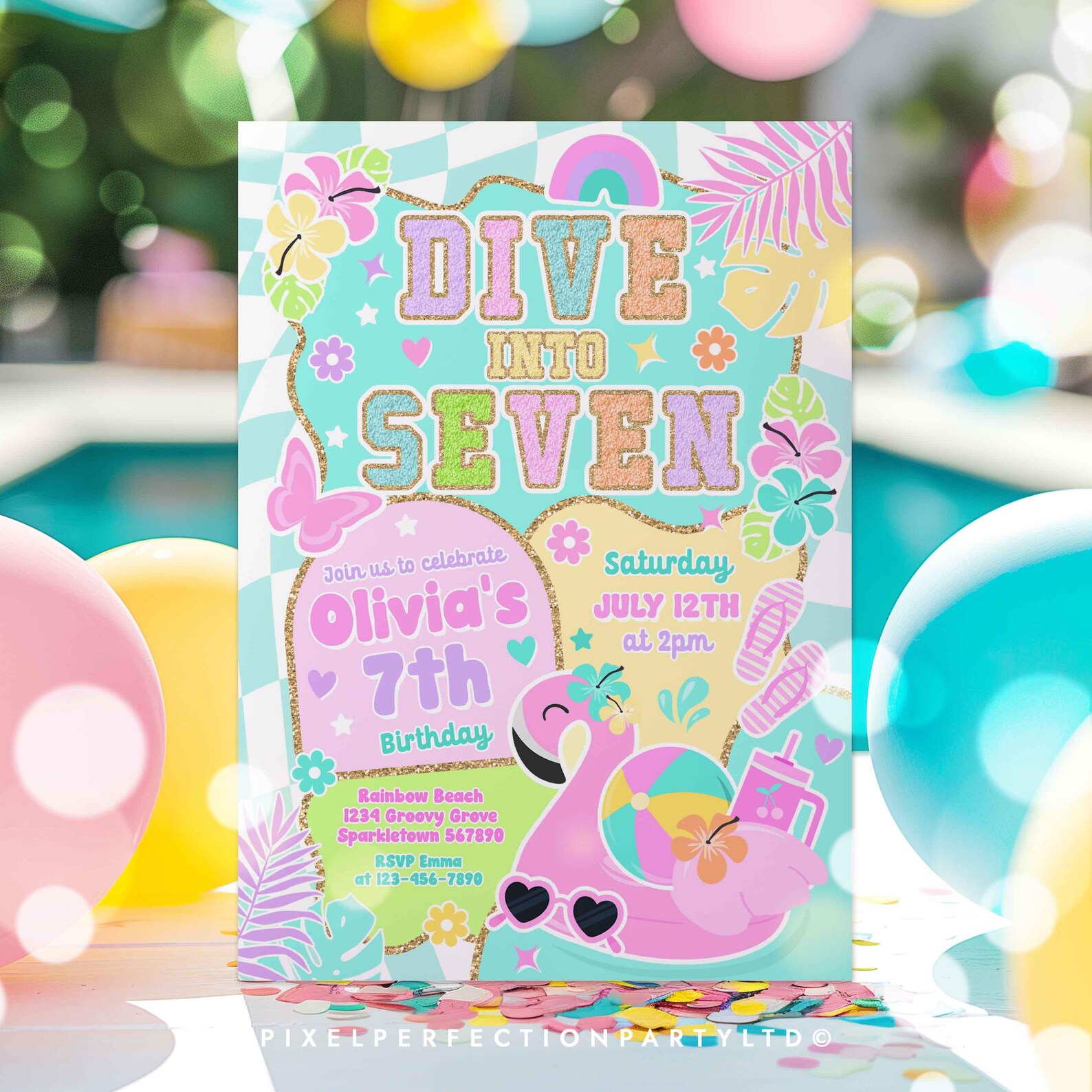 Editable Preppy 7th Birthday Pool Party Invitation Varsity Girl Fashion ...