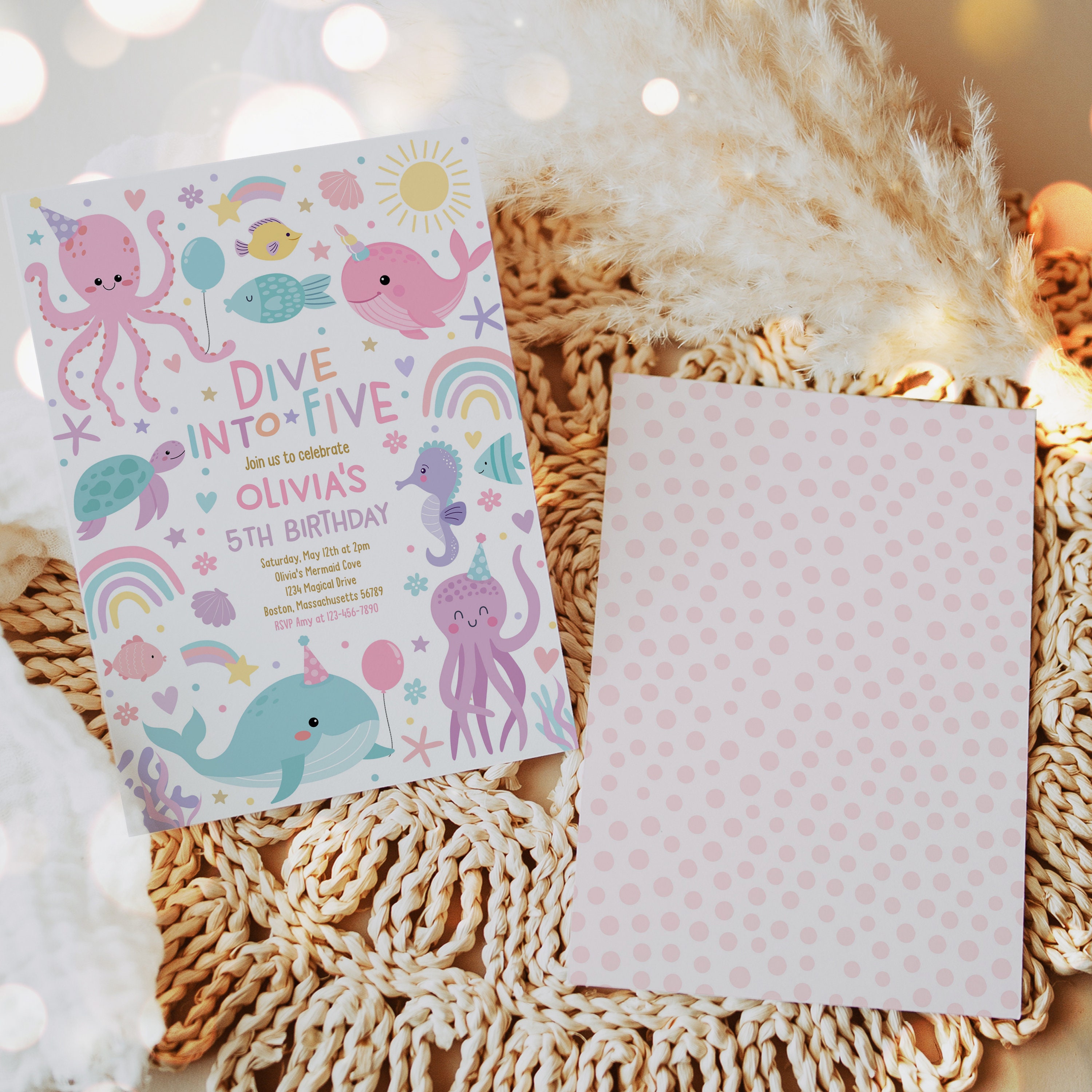 Editable Dive Into Five 5th Birthday Party Invitation Cute Sea ...