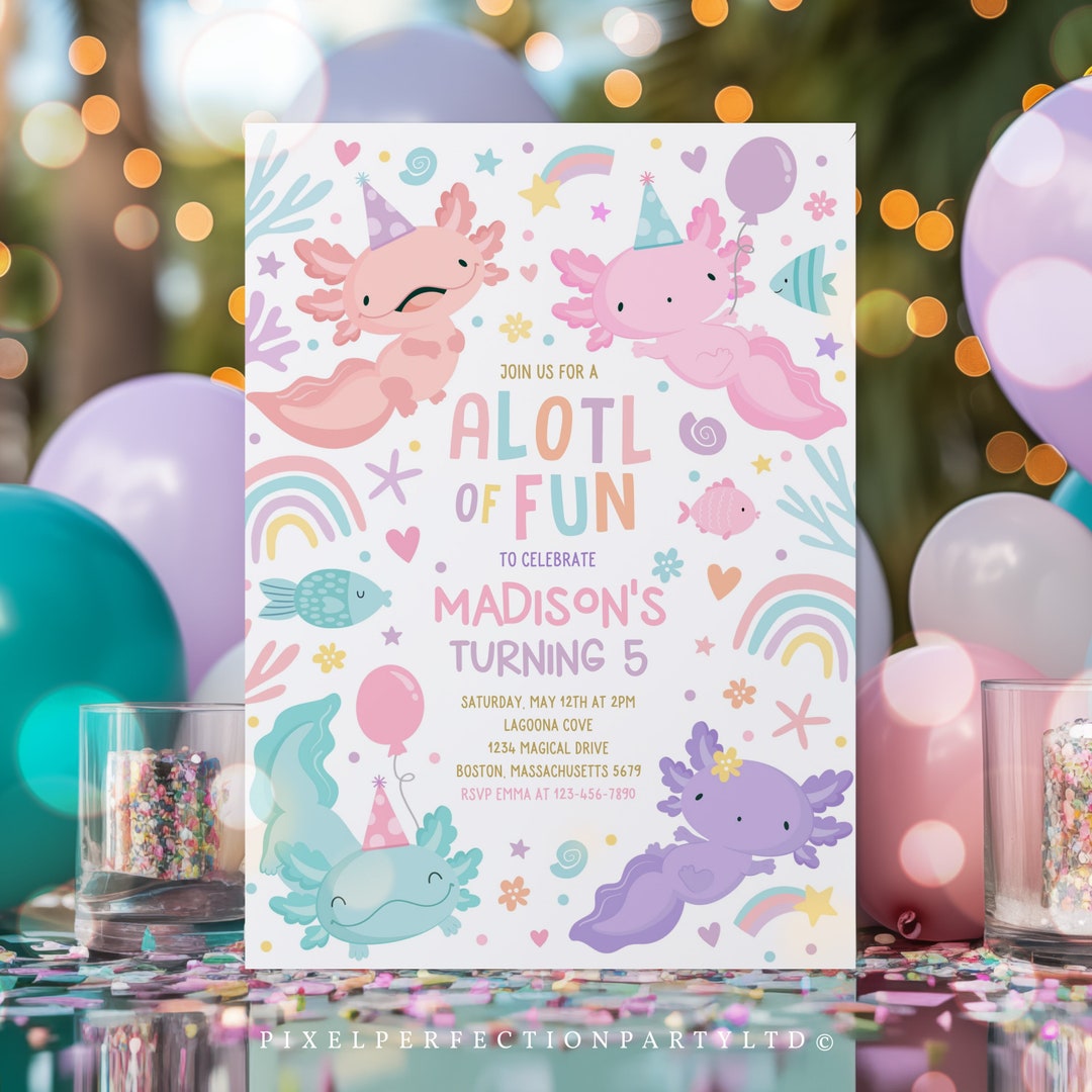 Editable Axolotl Birthday Party Invitation Cute Axolotl Lake Fish ...