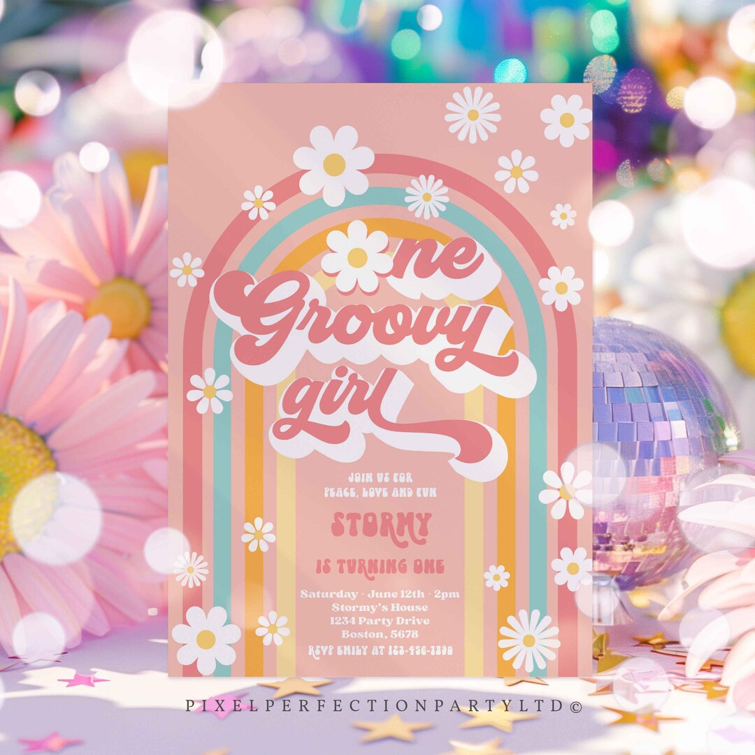 Editable One Groovy Girl Birthday Party Invitation Orange Pink Yellow ...