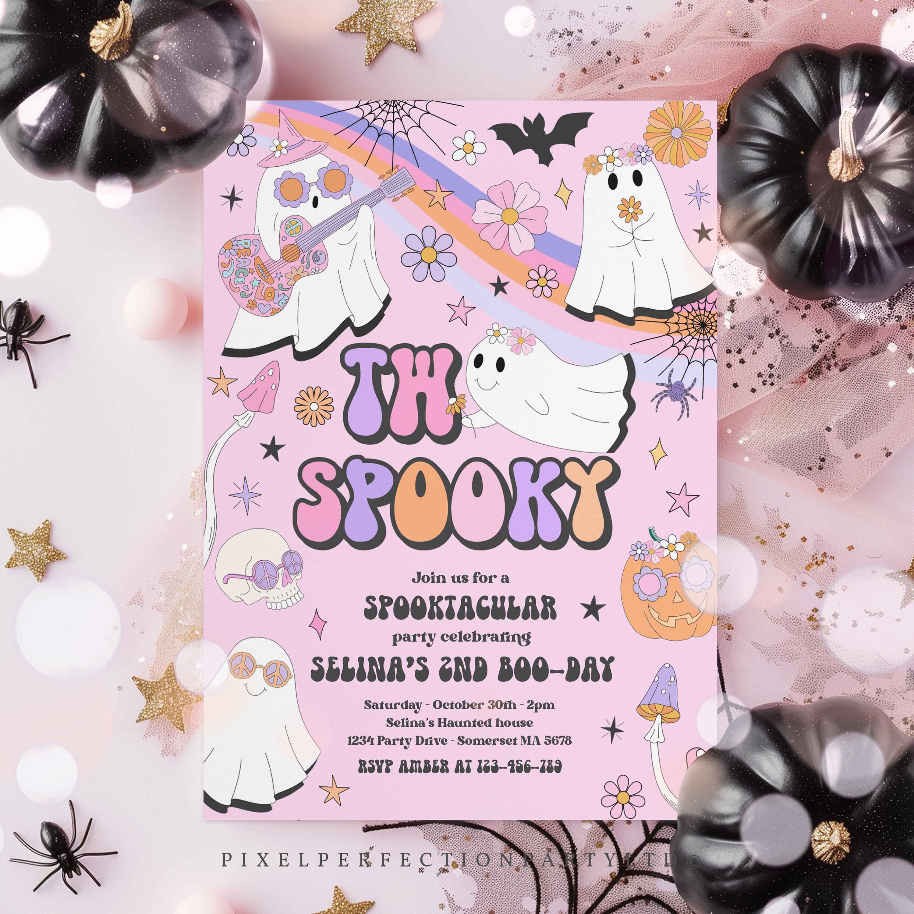 Editable Two Spooky Halloween Ghost 2nd Birthday Invitation Retro ...