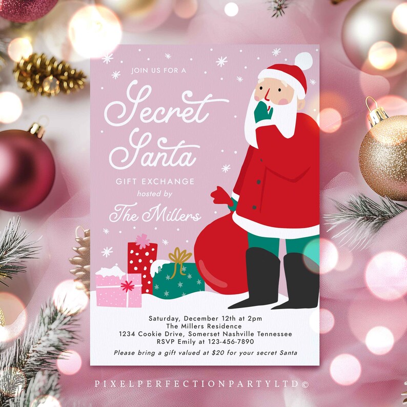Editable Secret Santa Gift Exchange Invitation Santa Holiday Gift ...