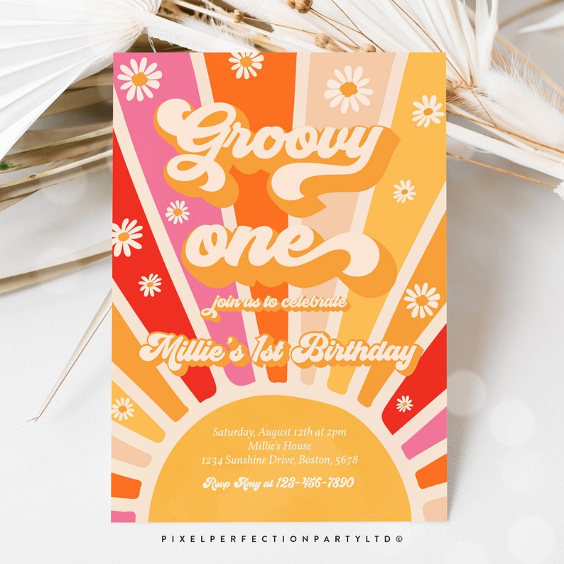 Editable Groovy One Birthday Invitation Retro Sunshine Groovy - Etsy