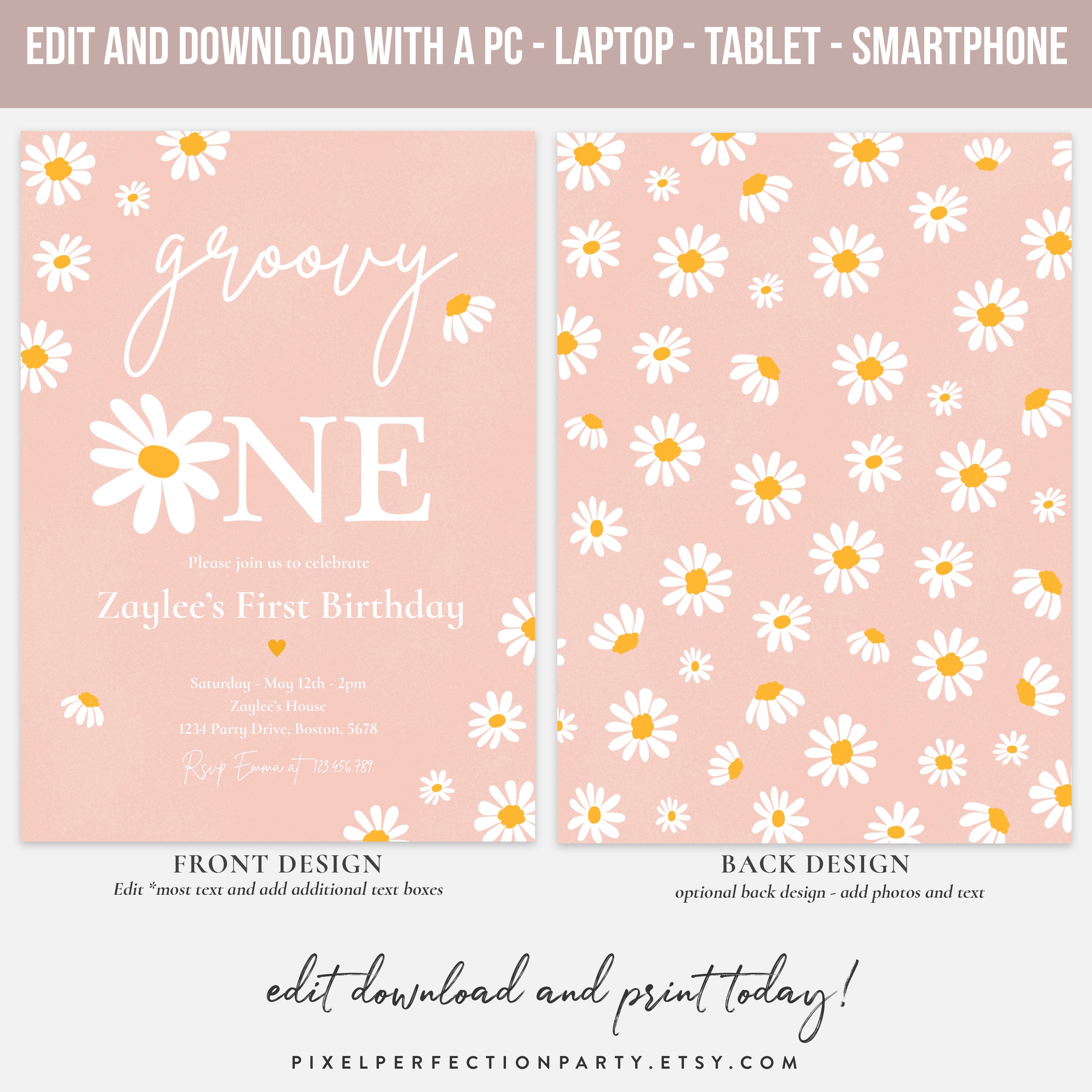 Editable Daisy Birthday Party Invitation Boho Daisy Groovy One | Etsy