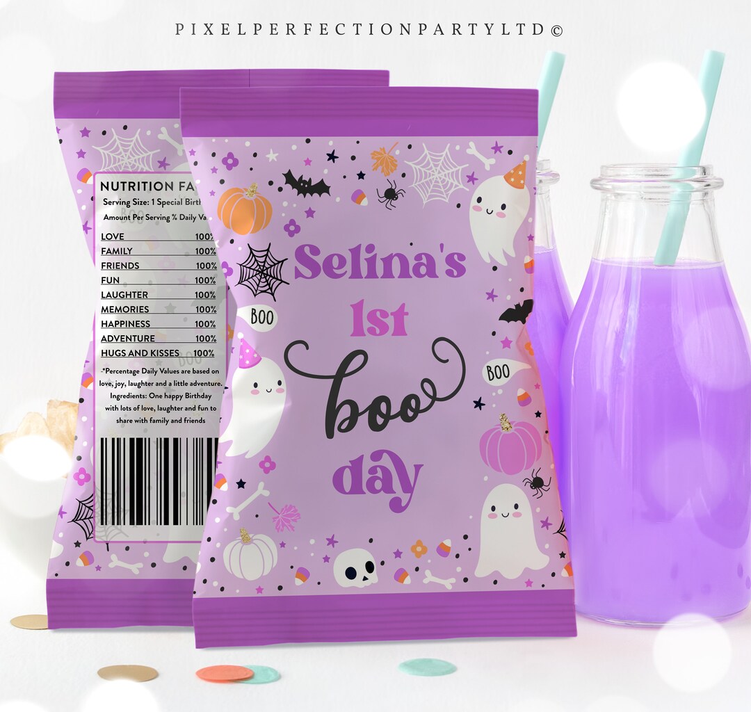 Editable Purple Halloween Ghost Chip Bag Birthday Party Favors Pink ...