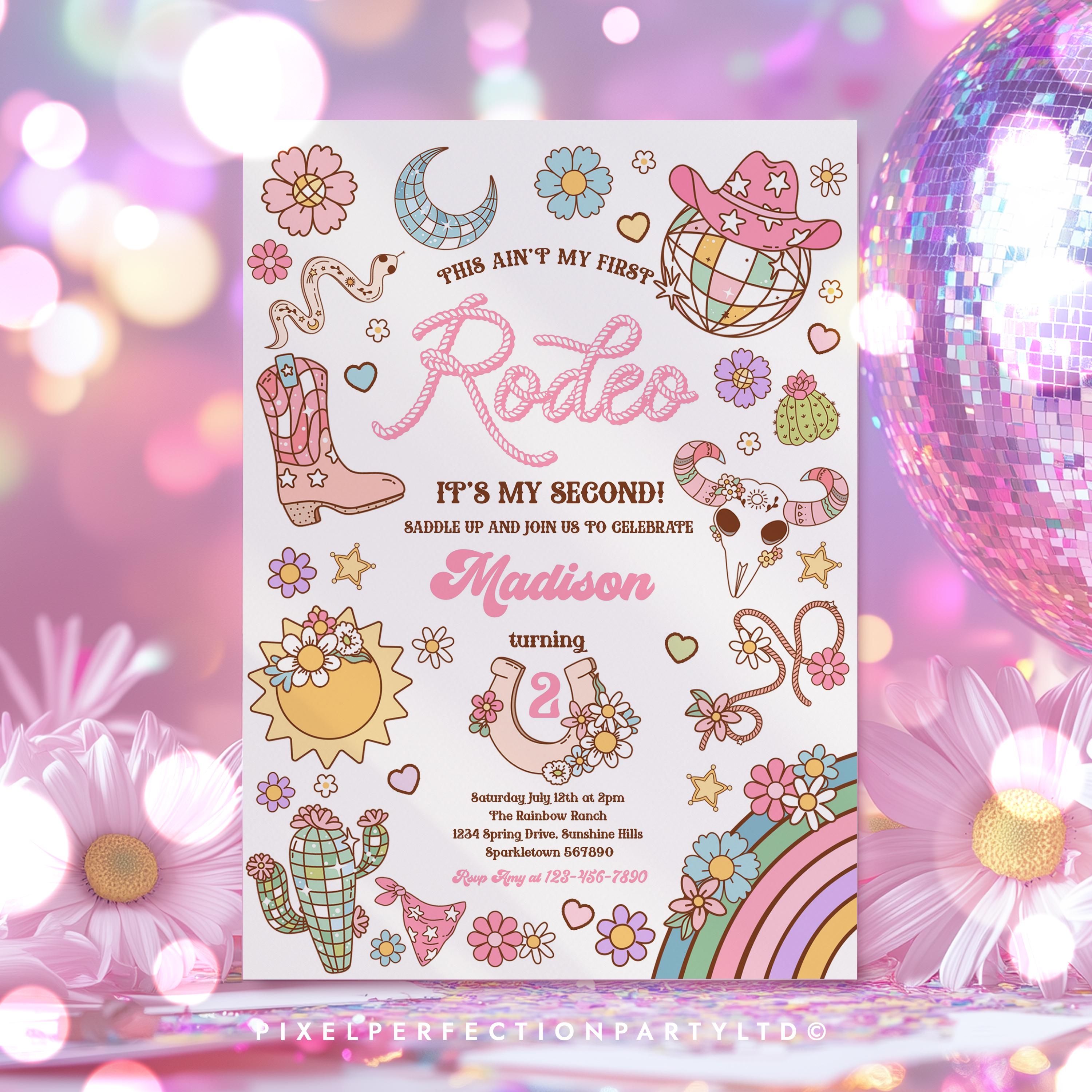 Editable Second Rodeo Cowgirl Birthday Party Invitation Pink Disco ...