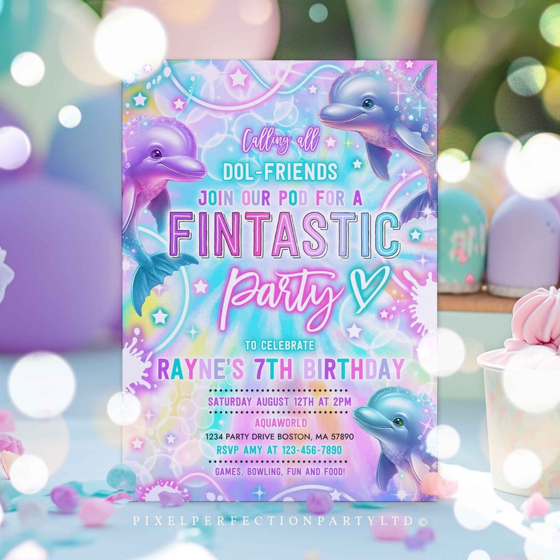 Editable Dolphin Birthday Party Invitation Tie Dye Neon Glow Dolphin ...