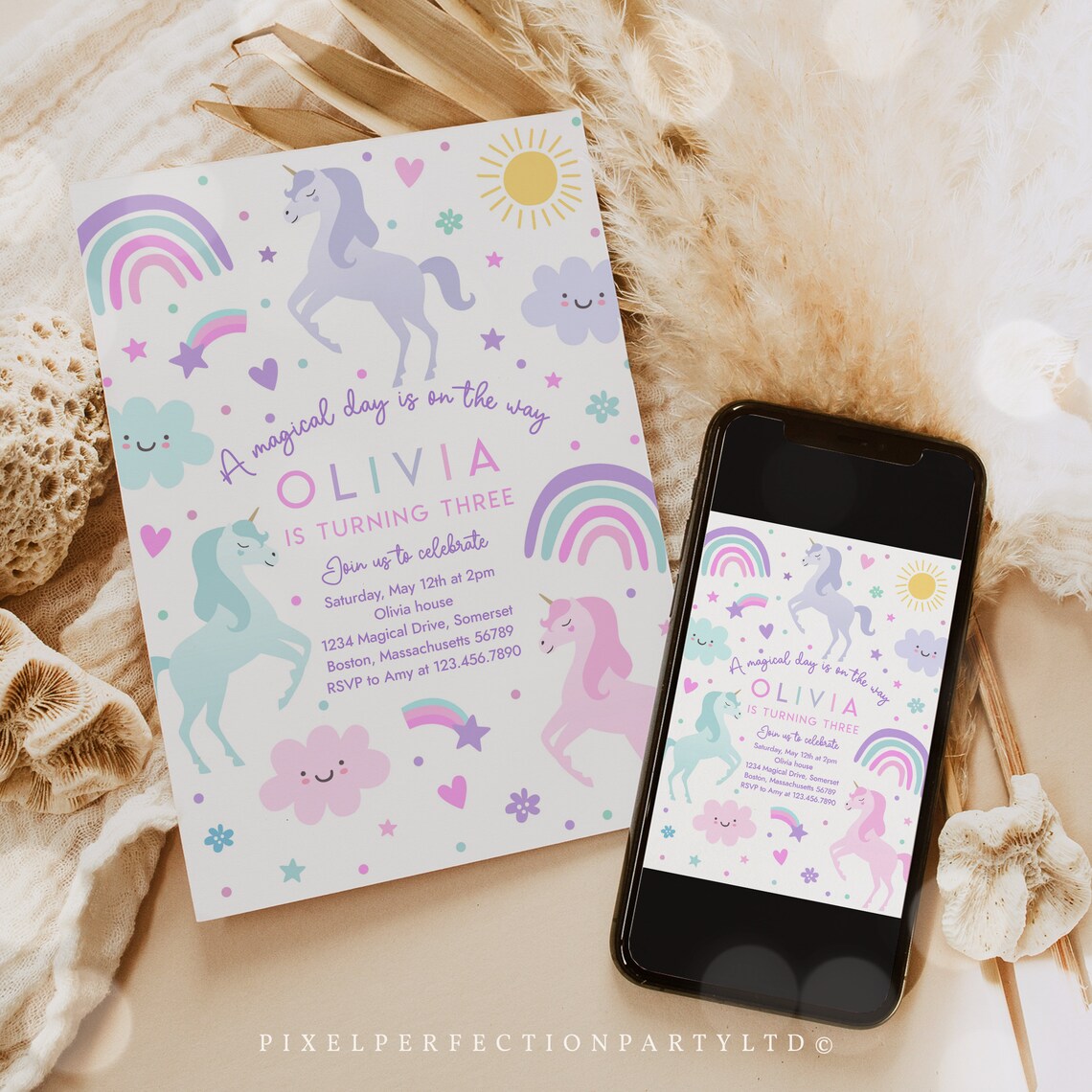Editable Unicorn Birthday Invitation Magical Pastel Rainbow Unicorn ...
