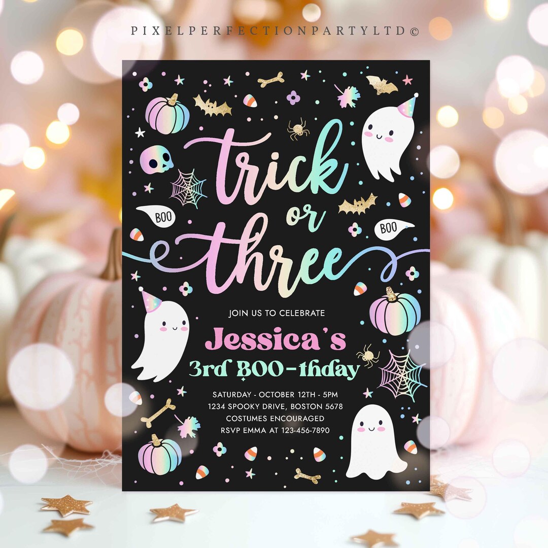 Editable Trick or Three Halloween Ghost 3rd Birthday Party Invitation ...